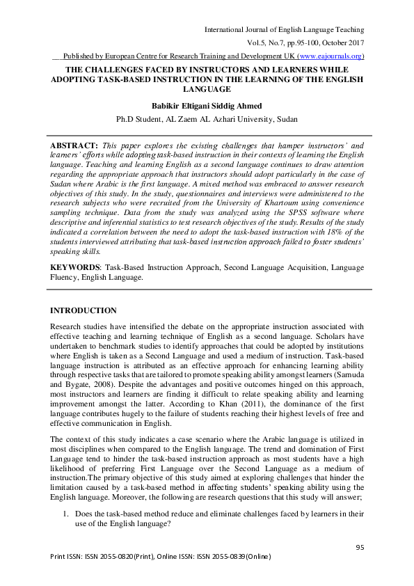 (PDF) THE CHALLENGES FACED BY INSTRUCTORS AND LEARNERS WHILE ADOPTING TASK-BASED INSTRUCTION IN ...