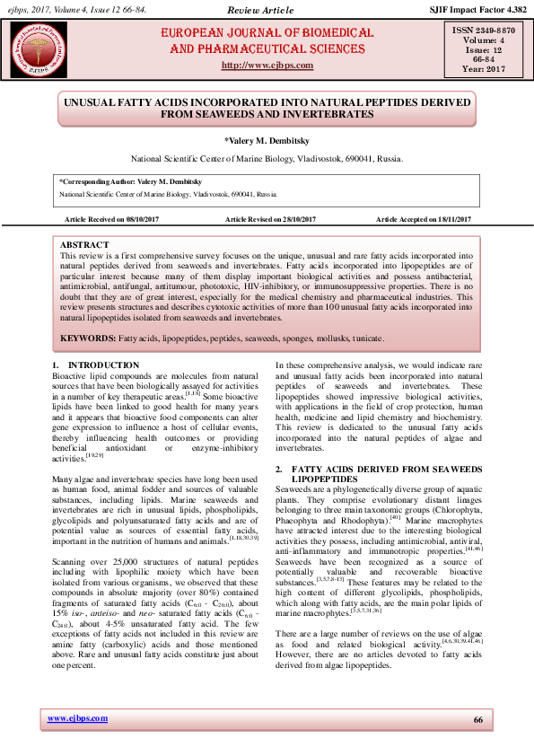 (PDF) UNUSUAL FATTY ACIDS INCORPORATED INTO NATURAL PEPTIDES DERIVED ...
