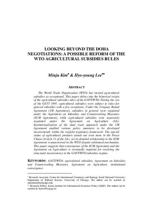 (PDF) LOOKING BEYOND THE DOHA NEGOTIATIONS: A POSSIBLE REFORM OF THE WTO AGRICULTURAL SUBSIDIES ...