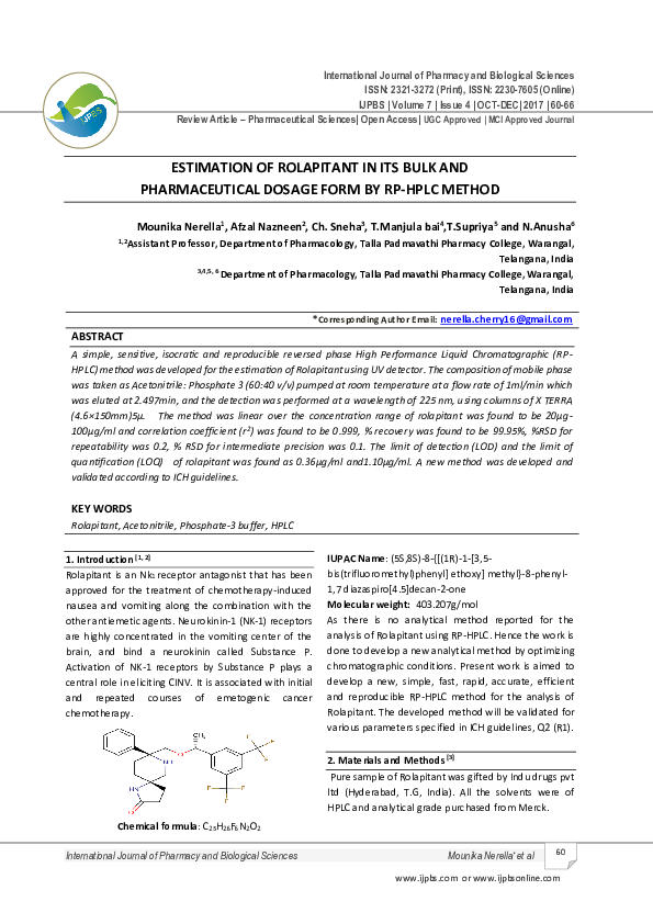 (PDF) ESTIMATION OF ROLAPITANT IN ITS BULK AND PHARMACEUTICAL DOSAGE ...