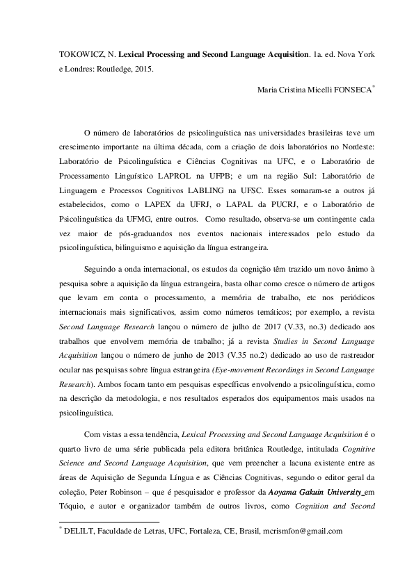 (PDF) Resenha Lexical Processing | Maria Cristina Micelli Fonseca ...