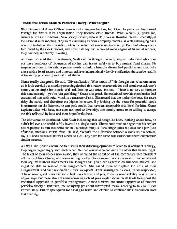 (PDF) Traditional Versus Modern Portfolio Theory Case