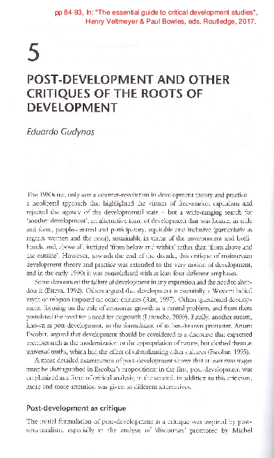 (PDF) Postdevelopment and other critiques of the roots of development | Eduardo Gudynas ...