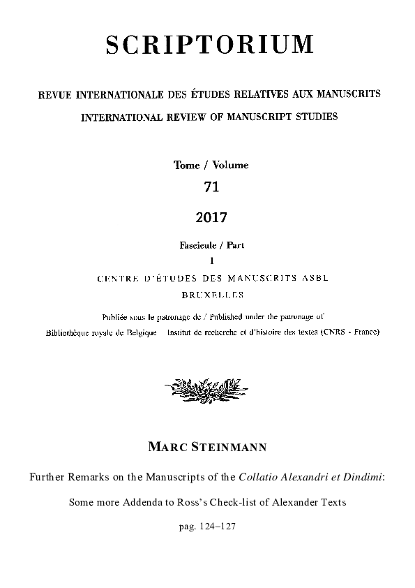 (PDF) ARTICLE: Marc Steinmann: Further remarks on the manuscripts of the 'Collatio Alexandri et ...