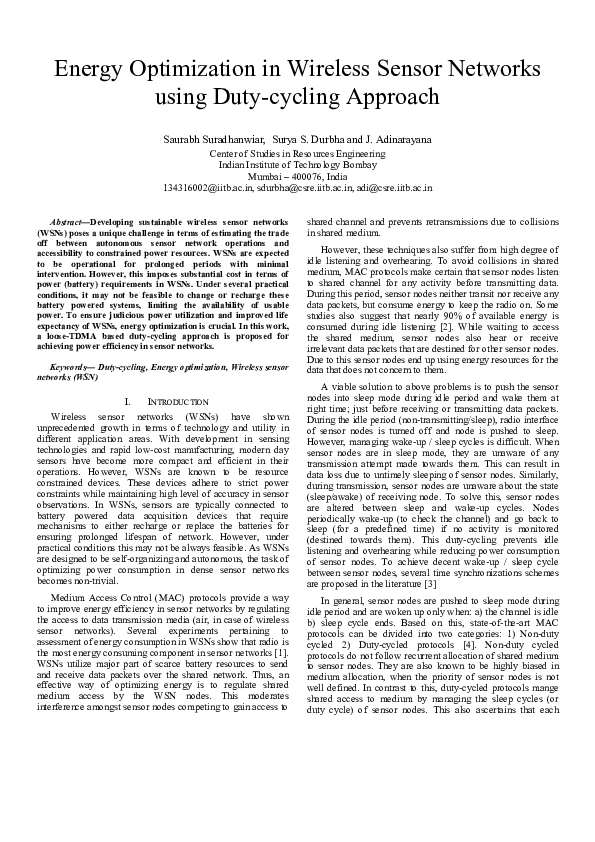 (PDF) Energy Optimization in Wireless Sensor Networks using Duty ...