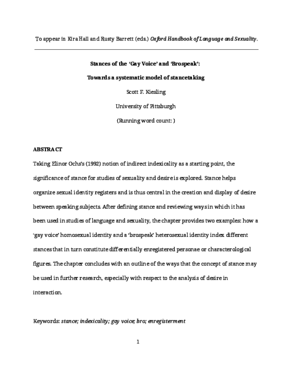 (PDF) Stances of the 'Gay Voice' and 'Brospeak': Towards a systematic ...