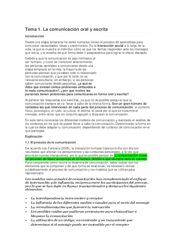 (DOC) Tema 1. La comunicación oral y escrita