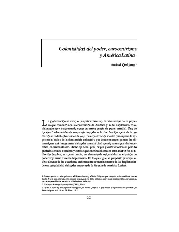 (PDF) Colonialidad del poder, eurocentrismo y América Latina 1 | bett ...
