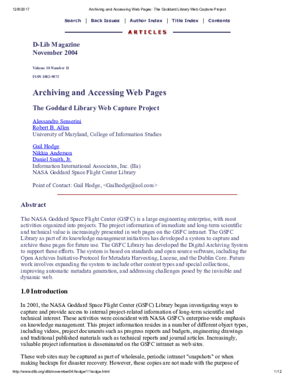 (PDF) Archiving and Accessing Web Pages The Goddard Library Web Capture Project