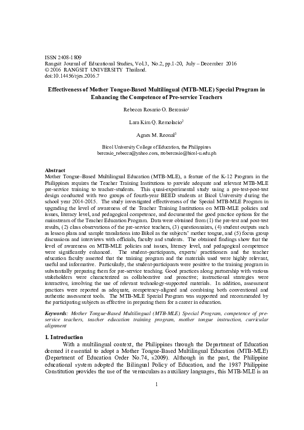 (PDF) Effectiveness of Mother Tongue-Based Multilingual (MTB-MLE ...