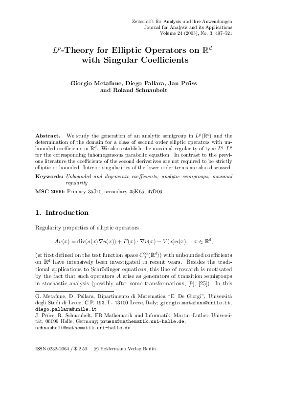 (PDF) Lp-THEORY FOR ELLIPTIC OPERATORS ON Rd WITH SINGULAR COEFFICIENTS