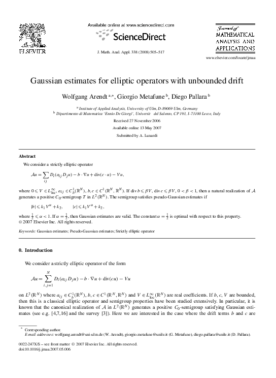 Pdf Gaussian Estimates For Elliptic Operators With Unbounded Drift