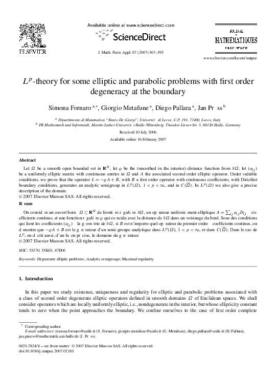 (PDF) L p -theory for some elliptic and parabolic problems with first order degeneracy at the ...