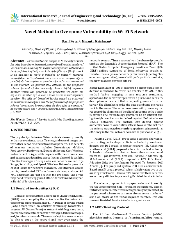 (PDF) Novel Method to Overcome Vulnerability in Wi-Fi Network