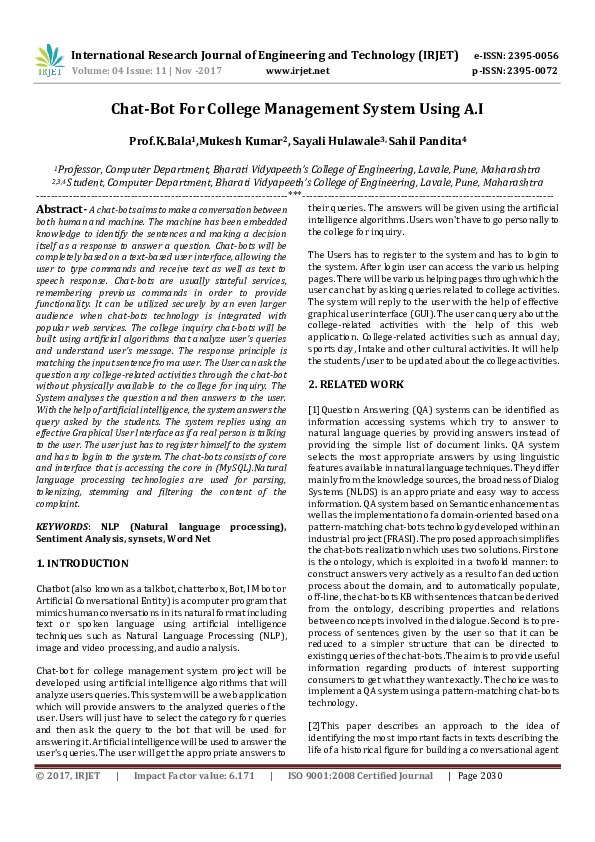 (PDF) Chat-Bot For College Management System Using A.I