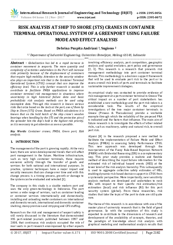 Pdf Risk Analysis At Ship To Shore Sts Cranes In Container Terminal Operational System Of A