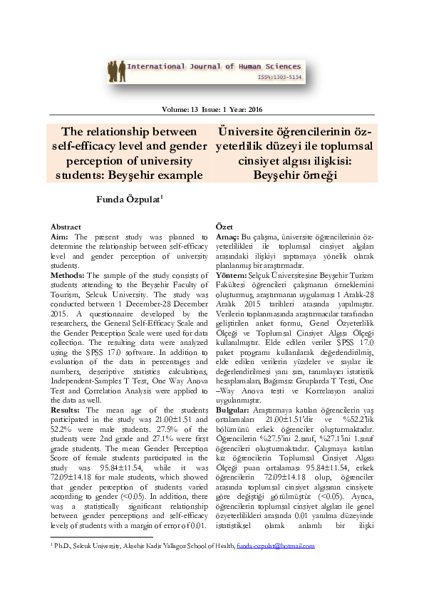 (PDF) The relationship between self-efficacy level and gender ...