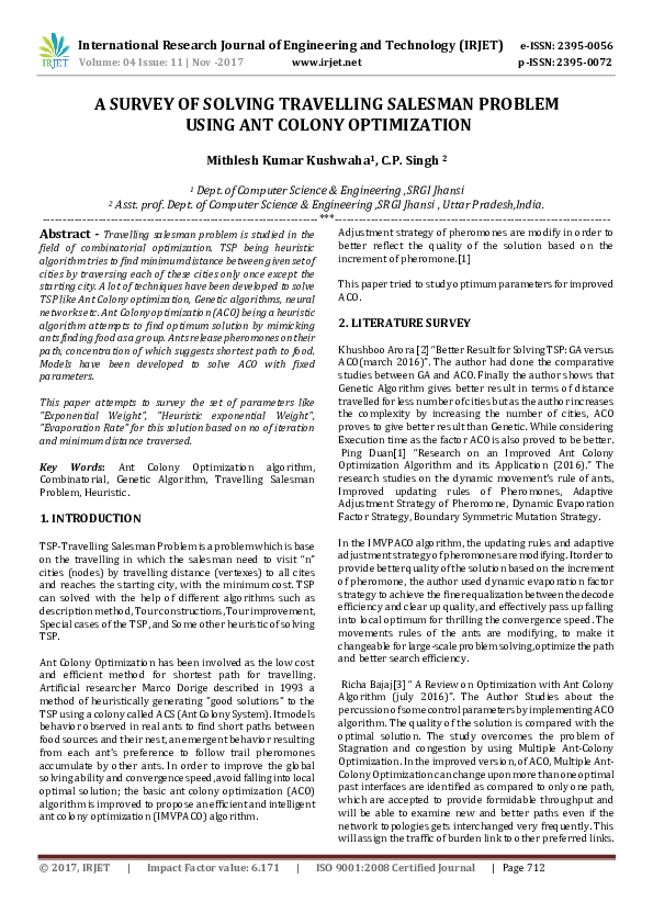 Pdf A Survey Of Solving Travelling Salesman Problem Using Ant Colony