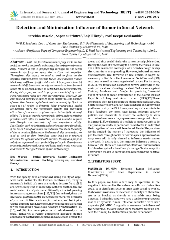 (PDF) Detection and Minimization Influence of Rumor in Social Network