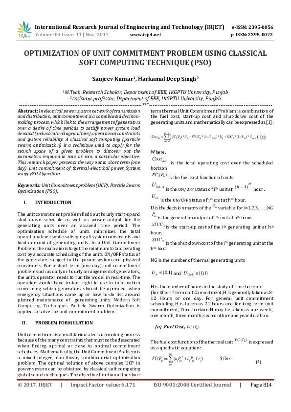 Pdf Optimization Of Unit Commitment Problem Using Classical Soft Computing Technique Pso