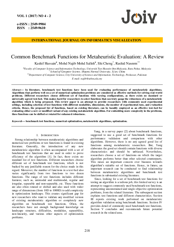 (PDF) Common Benchmark Functions for Metaheuristic Evaluation: A Review