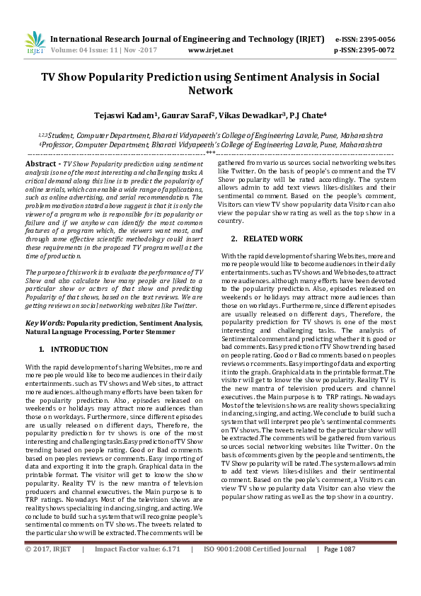 Pdf Tv Show Popularity Prediction Using Sentiment Analysis In Social Network