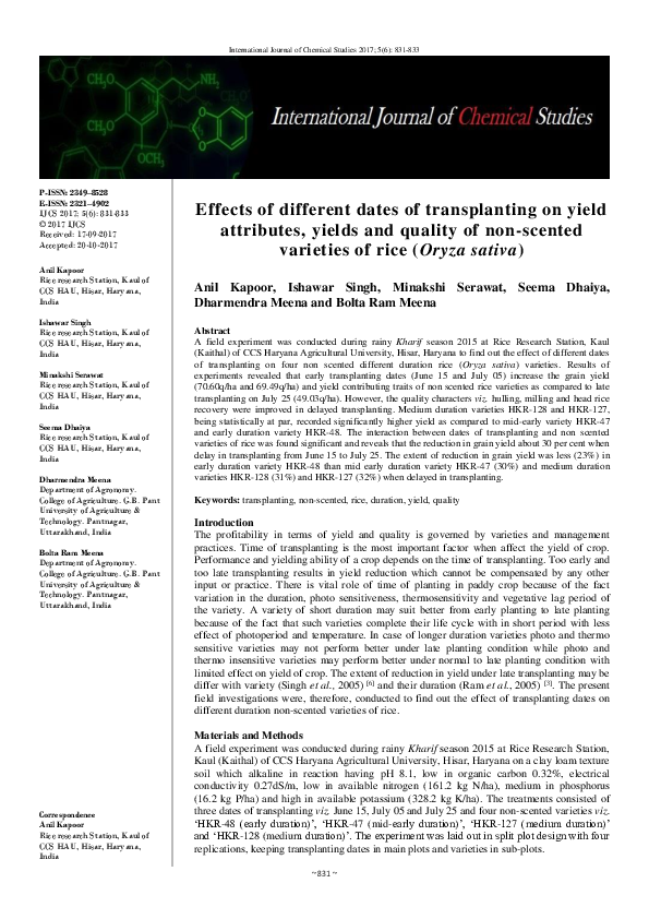 Pdf Effects Of Different Dates Of Transplanting On Yield Attributes Yields And Quality Of Non