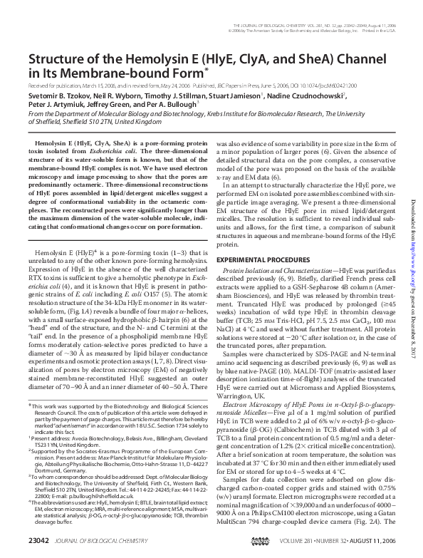 (PDF) Structure of the Hemolysin E (HlyE, ClyA, and SheA) Channel in ...