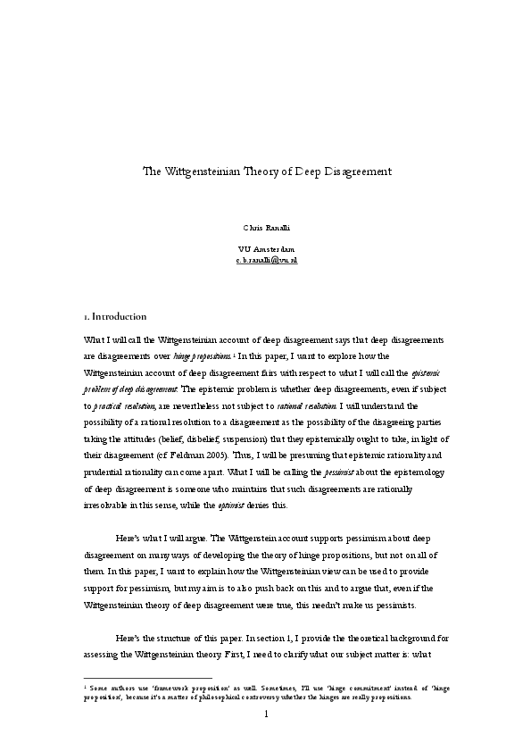 (PDF) The Wittgensteinian Theory of Deep Disagreement