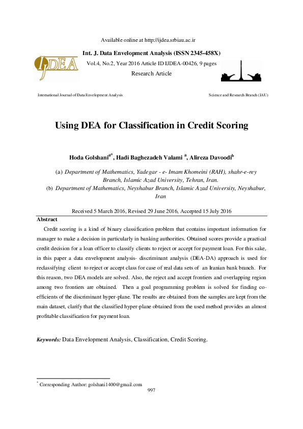 (PDF) Using DEA for Classification in Credit Scoring