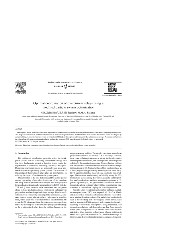 Pdf Optimal Coordination Of Overcurrent Relays Using A Modified Particle Swarm Optimization
