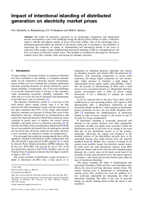 Pdf Impact Of Intentional Islanding Of Distributed Generation On