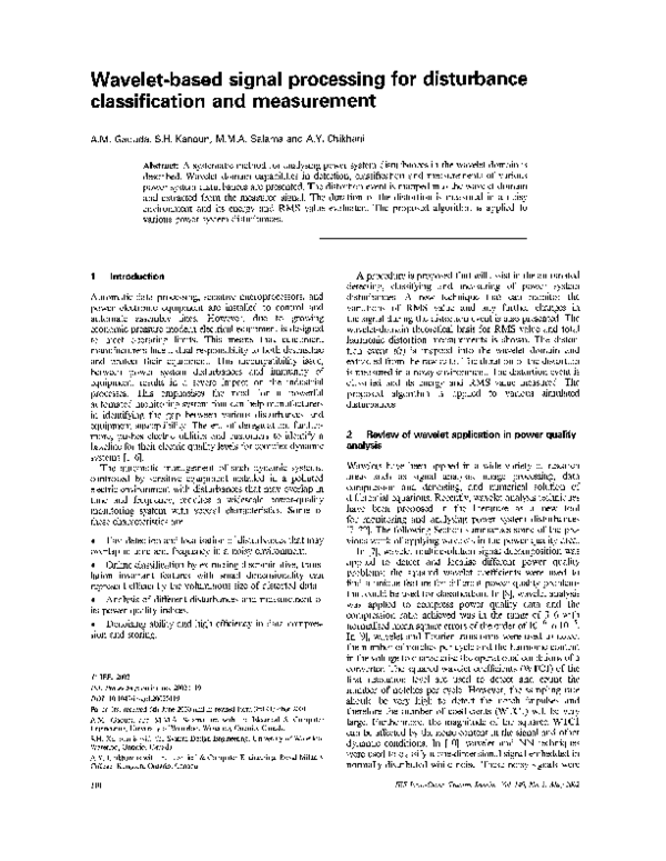 Pdf Wavelet Based Signal Processing For Disturbance Classification