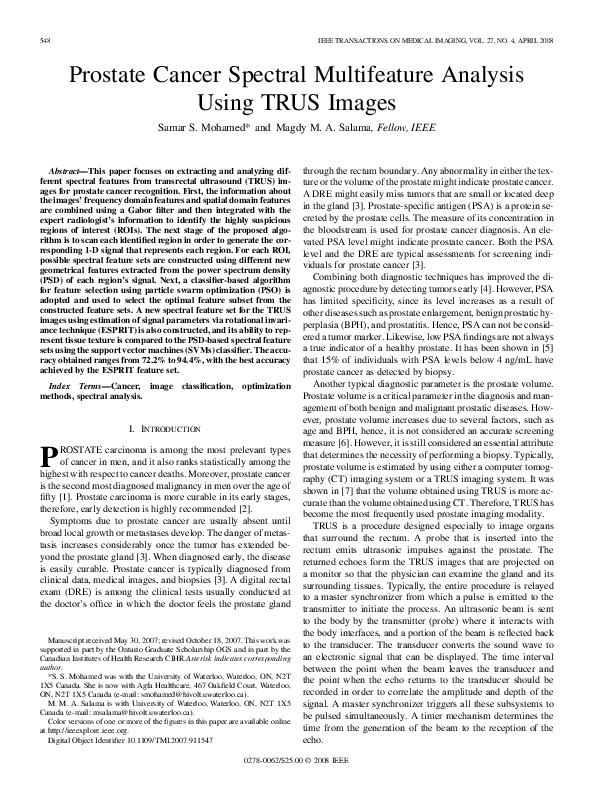 (PDF) Prostate Cancer Spectral Multifeature Analysis Using TRUS Images