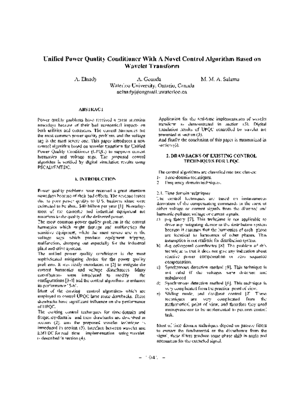 (PDF) Unified power quality conditioner with a novel control algorithm based on wavelet transform