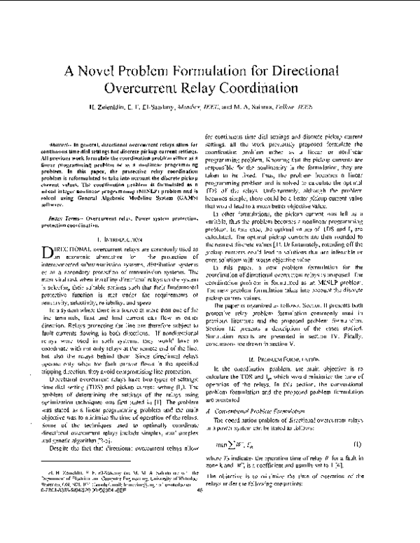 Pdf A Novel Problem Formulation For Directional Overcurrent Relay Coordination