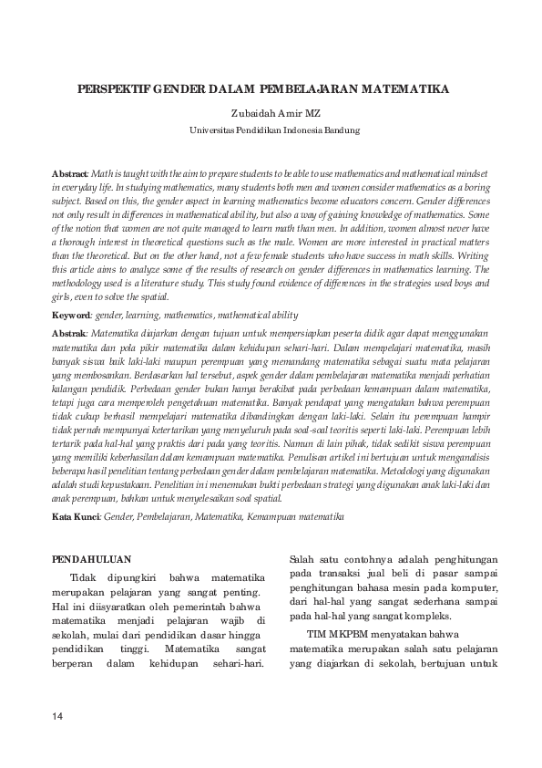 (PDF) PERSPEKTIF GENDER DALAM PEMBELAJARAN MATEMATIKA