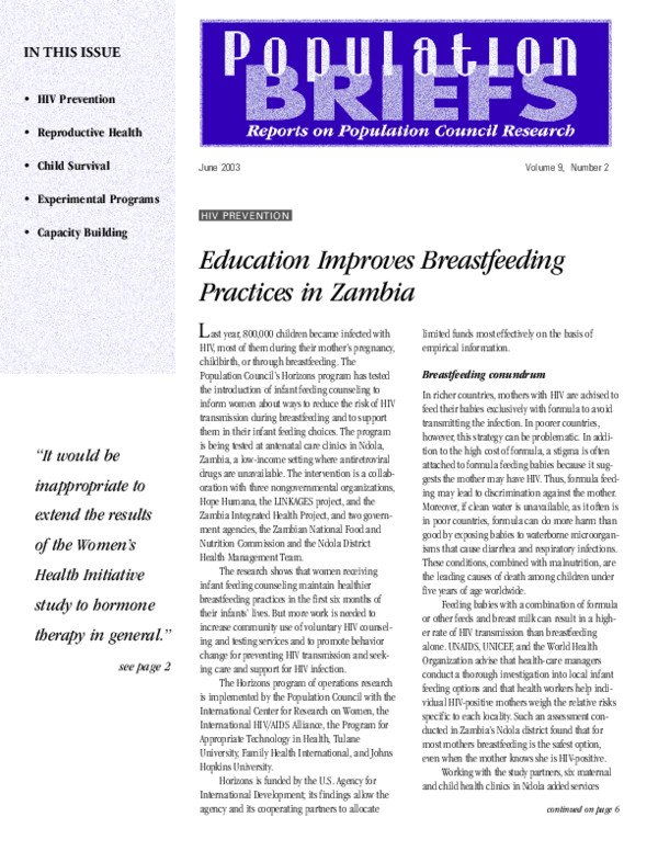 (PDF) Education Improves Breastfeeding Practices in Zambia