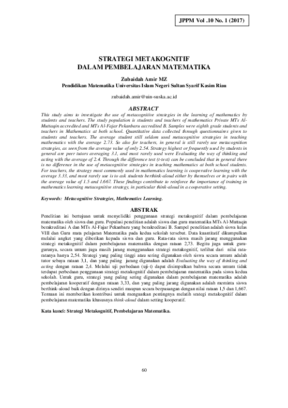 (PDF) STRATEGI METAKOGNITIF DALAM PEMBELAJARAN MATEMATIKA