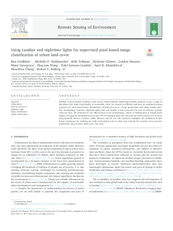 (PDF) Using Landsat and nighttime lights for supervised pixel-based ...