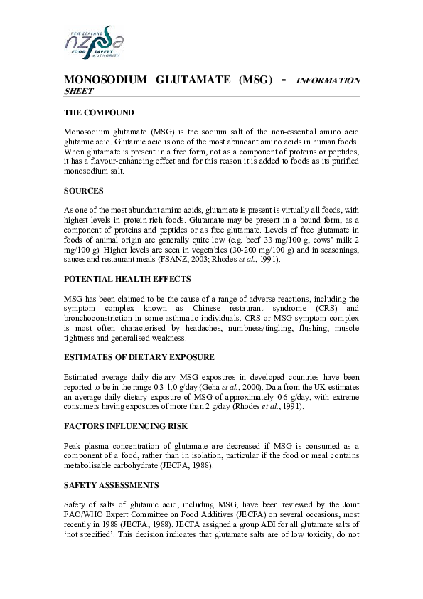 (PDF) MONOSODIUM GLUTAMATE (MSG) -INFORMATION SHEET THE COMPOUND