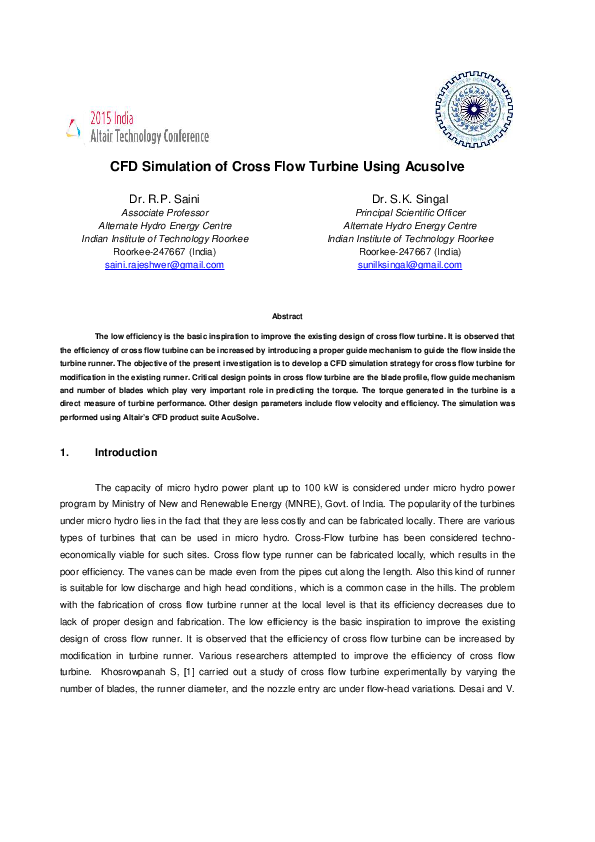 (PDF) CFD Simulation of Cross Flow Turbine Using Acusolve