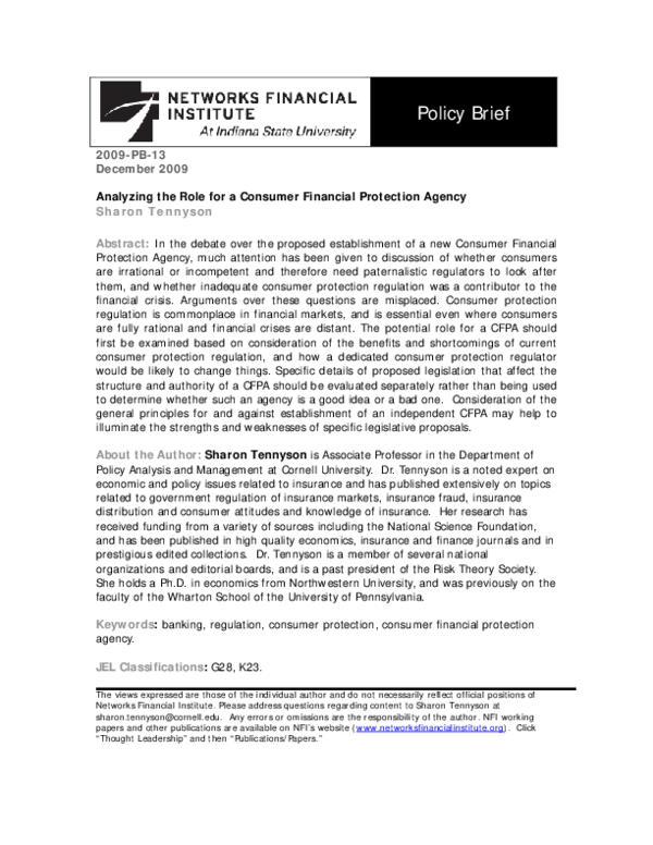 (PDF) Analyzing the Role for a Consumer Financial Protection Agency