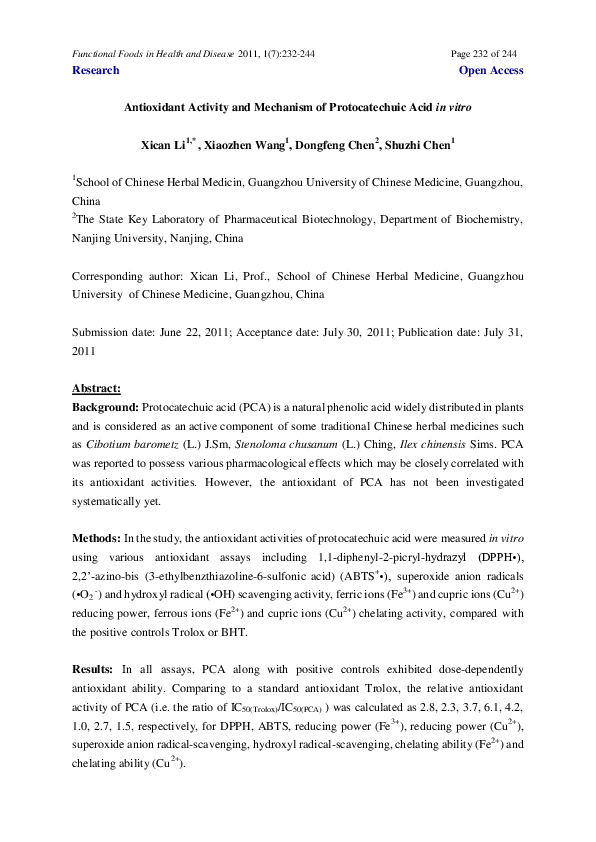 (PDF) Antioxidant Activity and Mechanism of Protocatechuic Acid in vitro