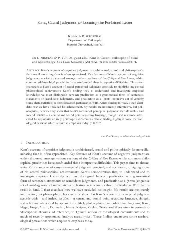 (PDF) Kant, Causal Judgment & Locating the Purloined Letter | Kenneth R Westphal - Academia.edu