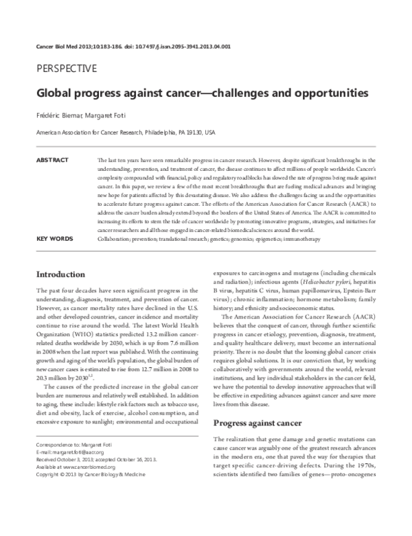 (PDF) Global progress against cancer-challenges and opportunities