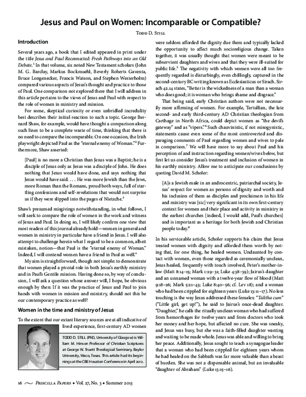 (PDF) Jesus and Paul on Women: Incomparable or Compatible?