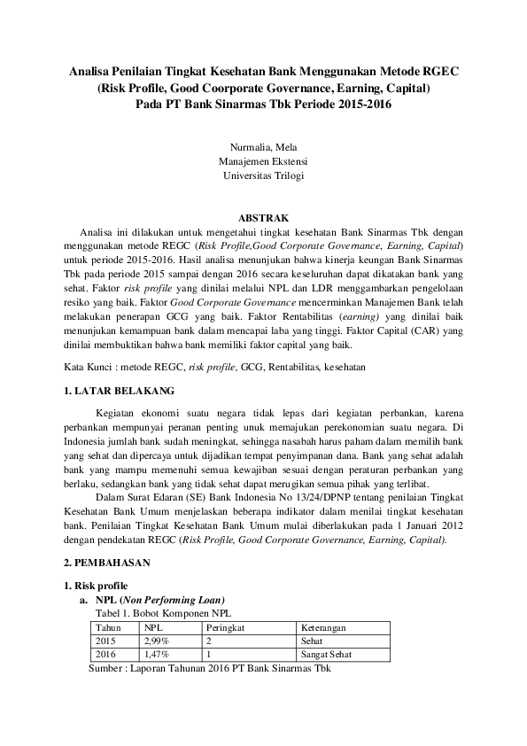 (PDF) Analisa Penilaian Tingkat Kesehatan Bank Menggunakan Metode RGEC (Risk Profile, Good ...