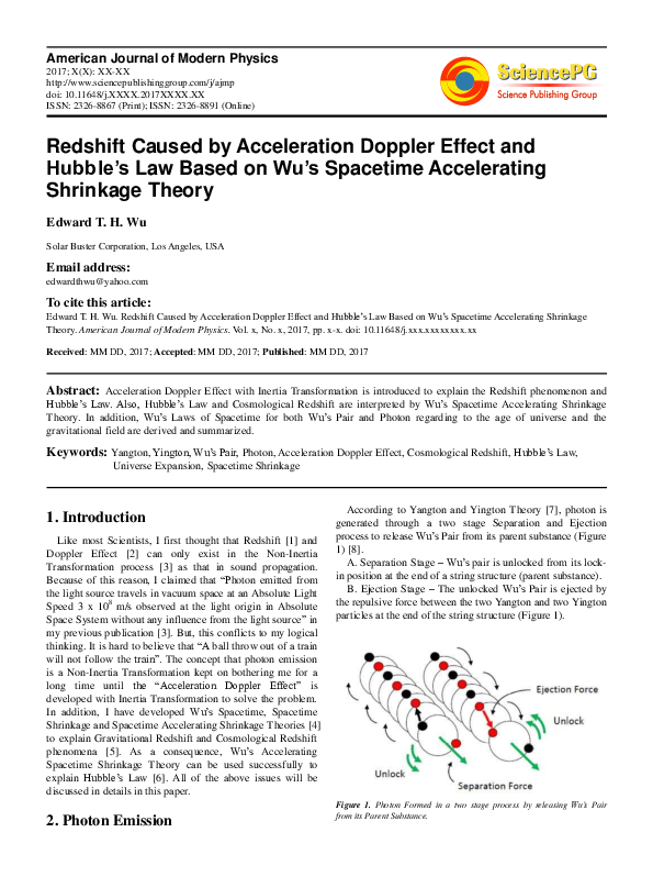 (PDF) Redshift Caused by Acceleration Doppler Effect and Hubble's Law Based on Wu's Spacetime ...