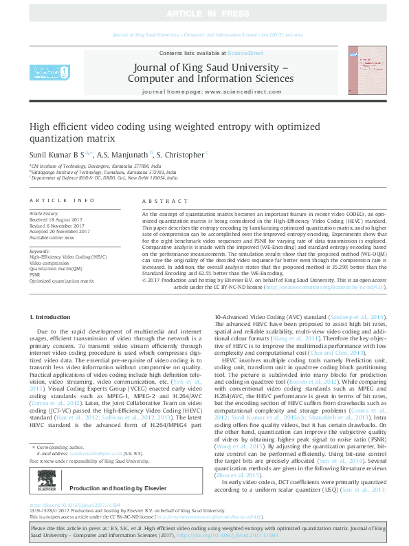 Pdf High Efficient Video Coding Using Weighted Entropy With Optimized Quantization Matrix